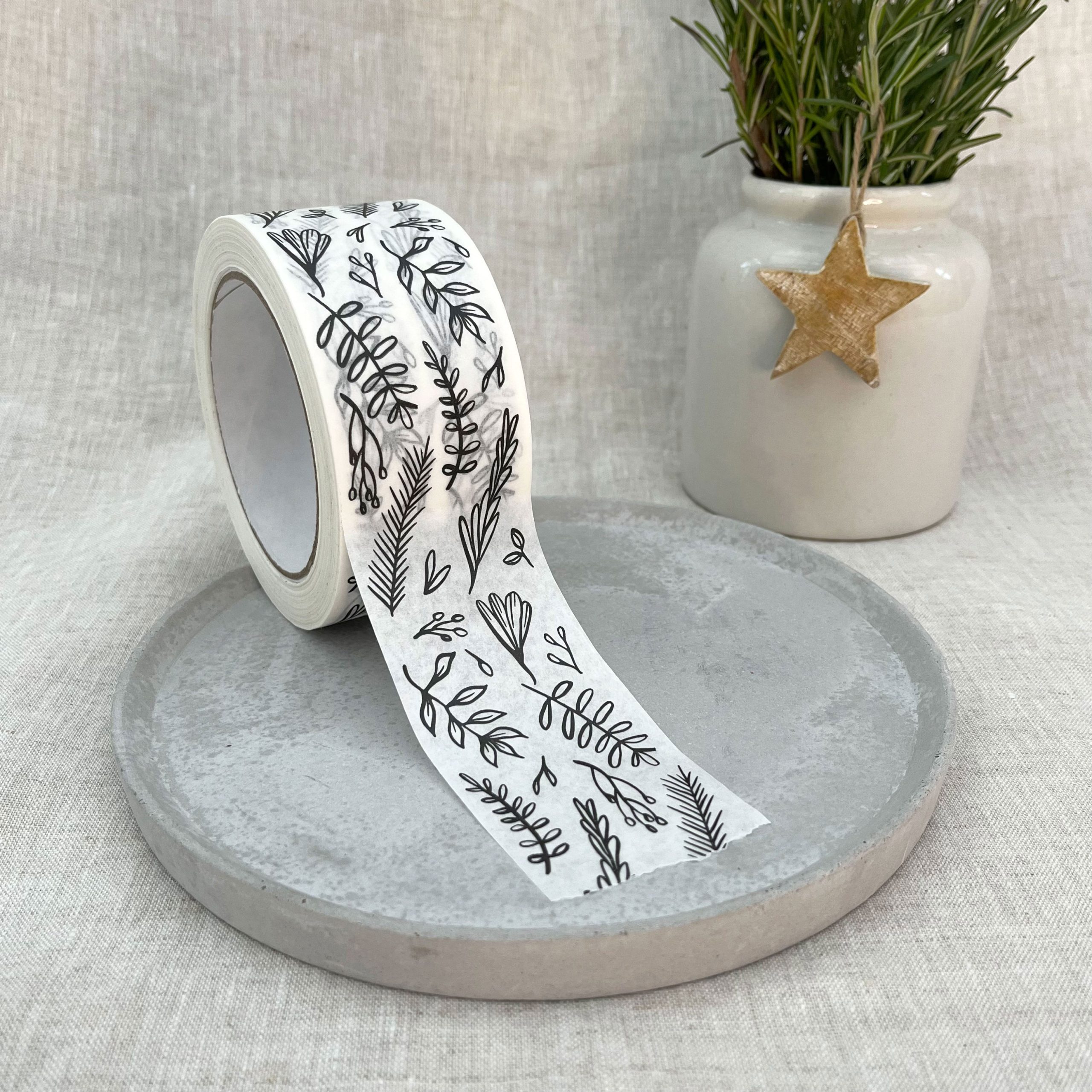 50mm Botanical Leaves Pattern White Paper Tape ~ INKKIN