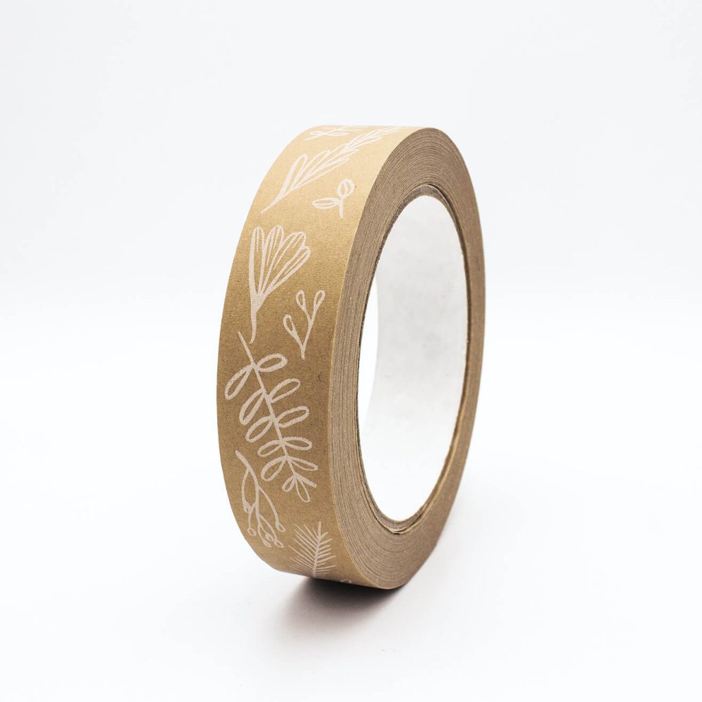 WHITE BOTANICAL / BROWN PAPER GIFT WRAP TAPE [25mm] ~ INKKIN