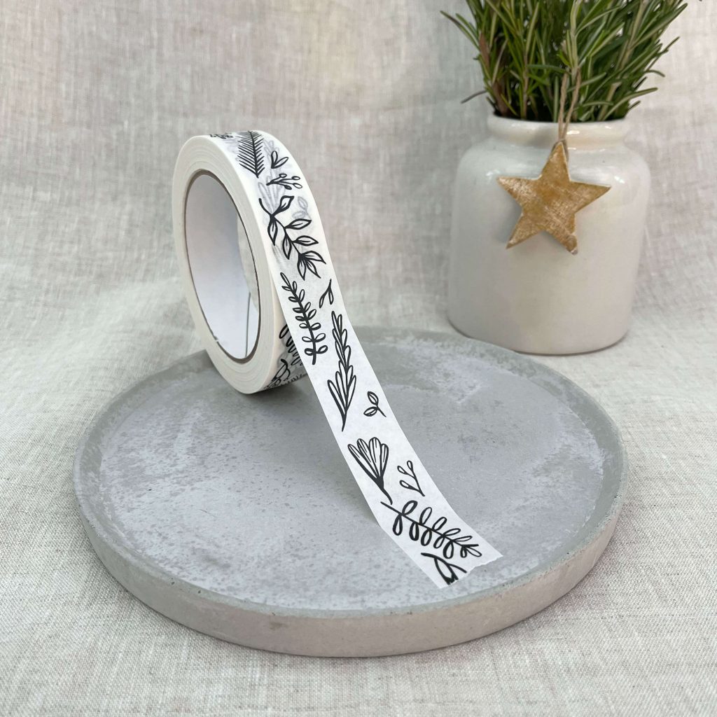 25mm Botanical Leaves Pattern White Paper Tape ~ INKKIN